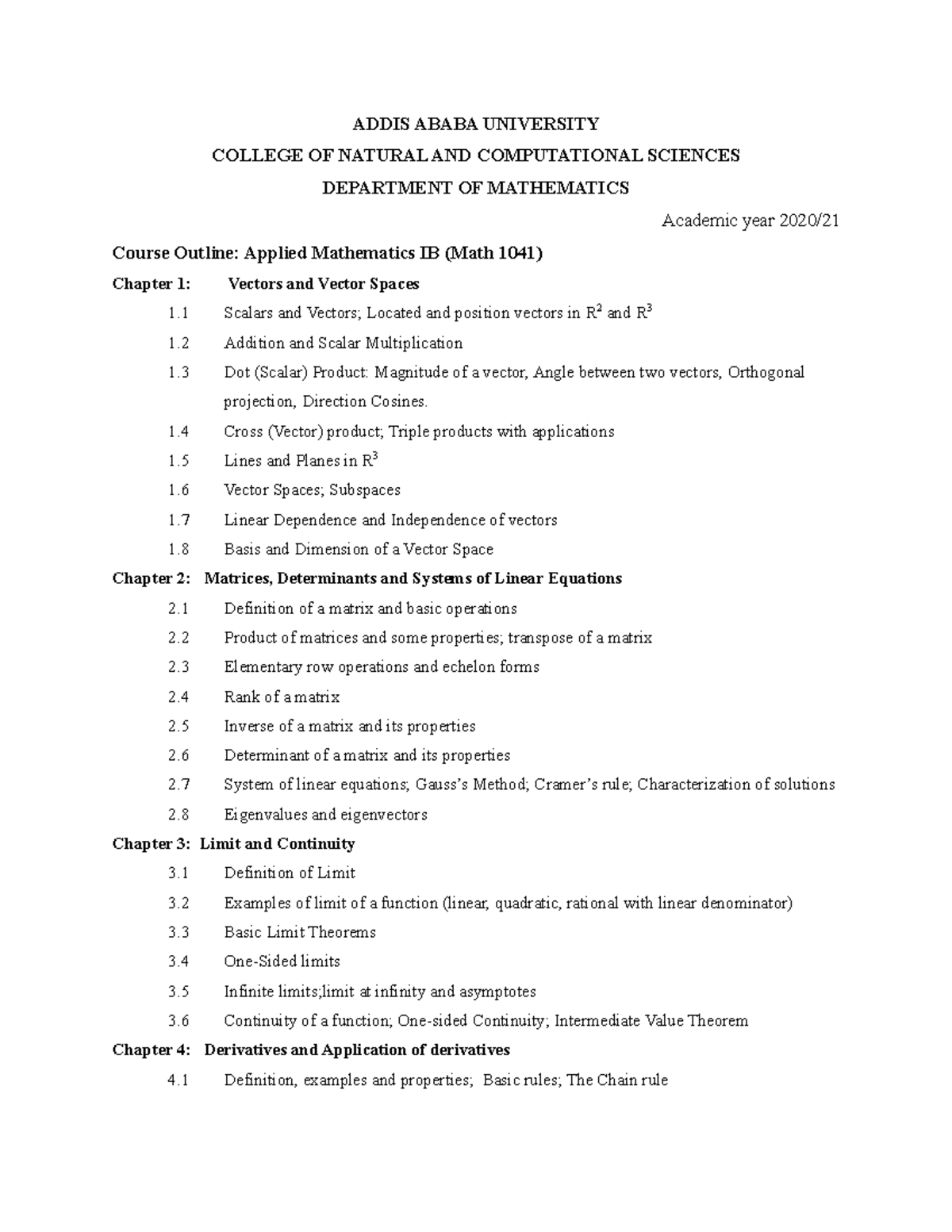Course outline Math 1041-1 - ADDIS ABABA UNIVERSITY COLLEGE OF NATURAL ...