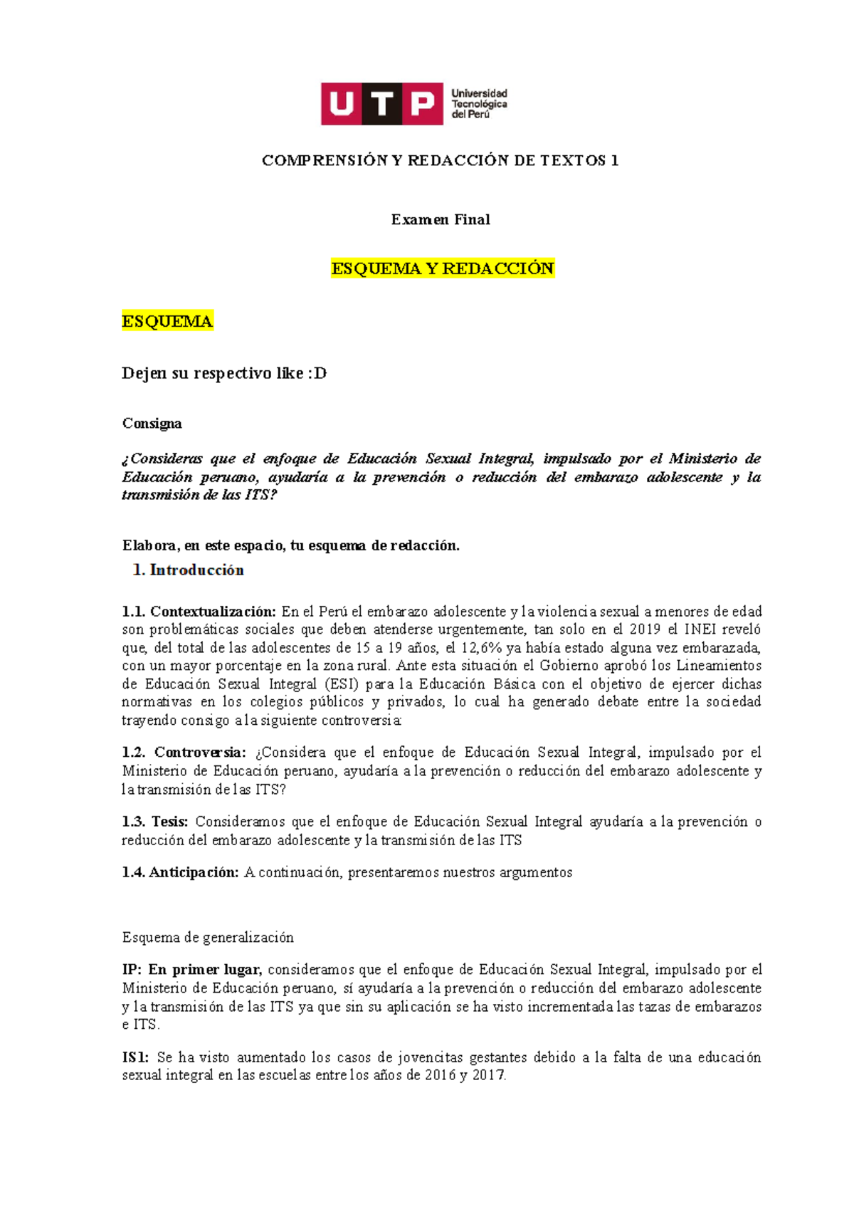 Comprensión Y Redacción DE Textos 1- Examen Final (Formato oficial UTP) - COMPRENSIÓN Y ...
