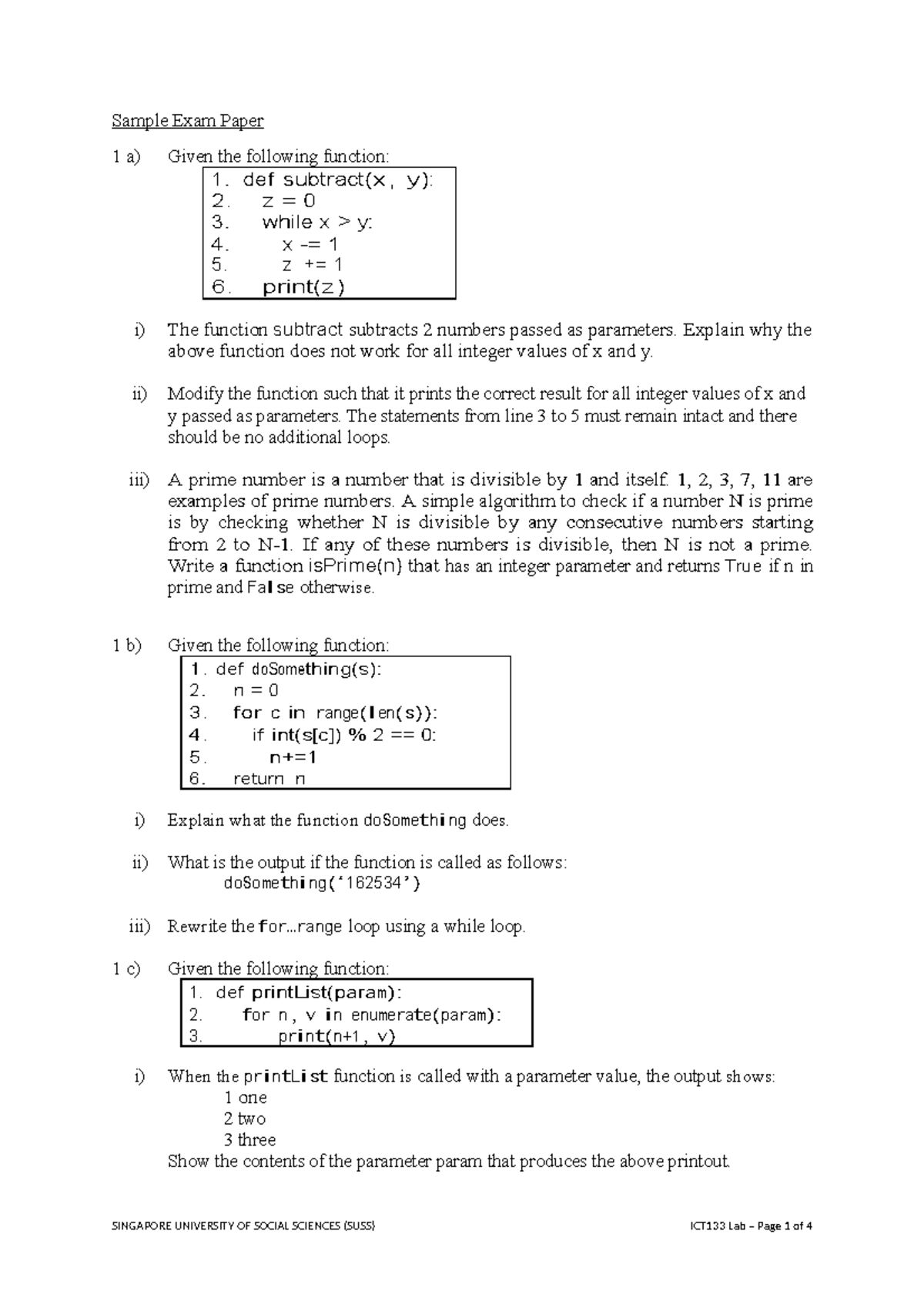 Sample Exam - asd - SINGAPORE UNIVERSITY OF SOCIAL SCIENCES (SUSS) ICT133 Lab – Page 1 of 4 ...