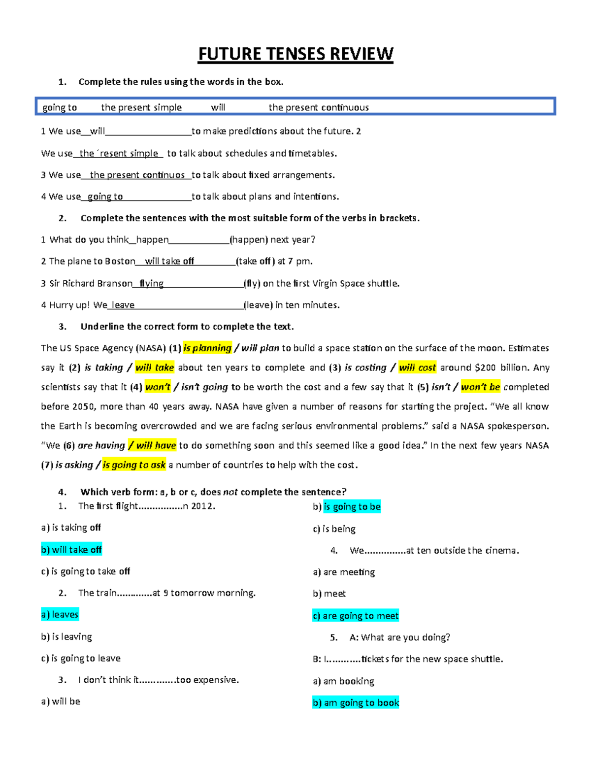 Ejercicios de comprensión lectora y gramatical (future tenses review ...