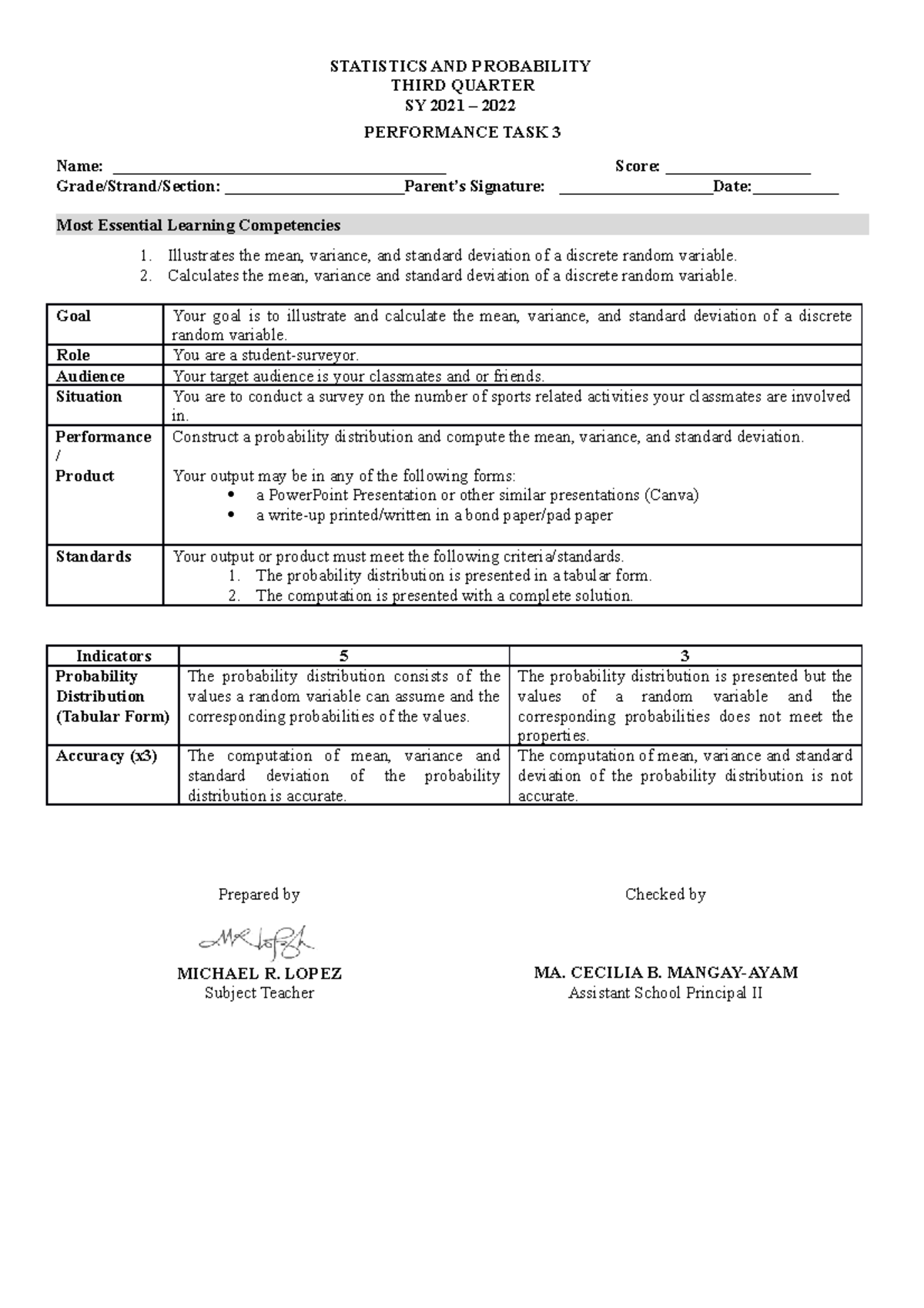 Statistics AND Probability Performance Tasks - Education - Studocu