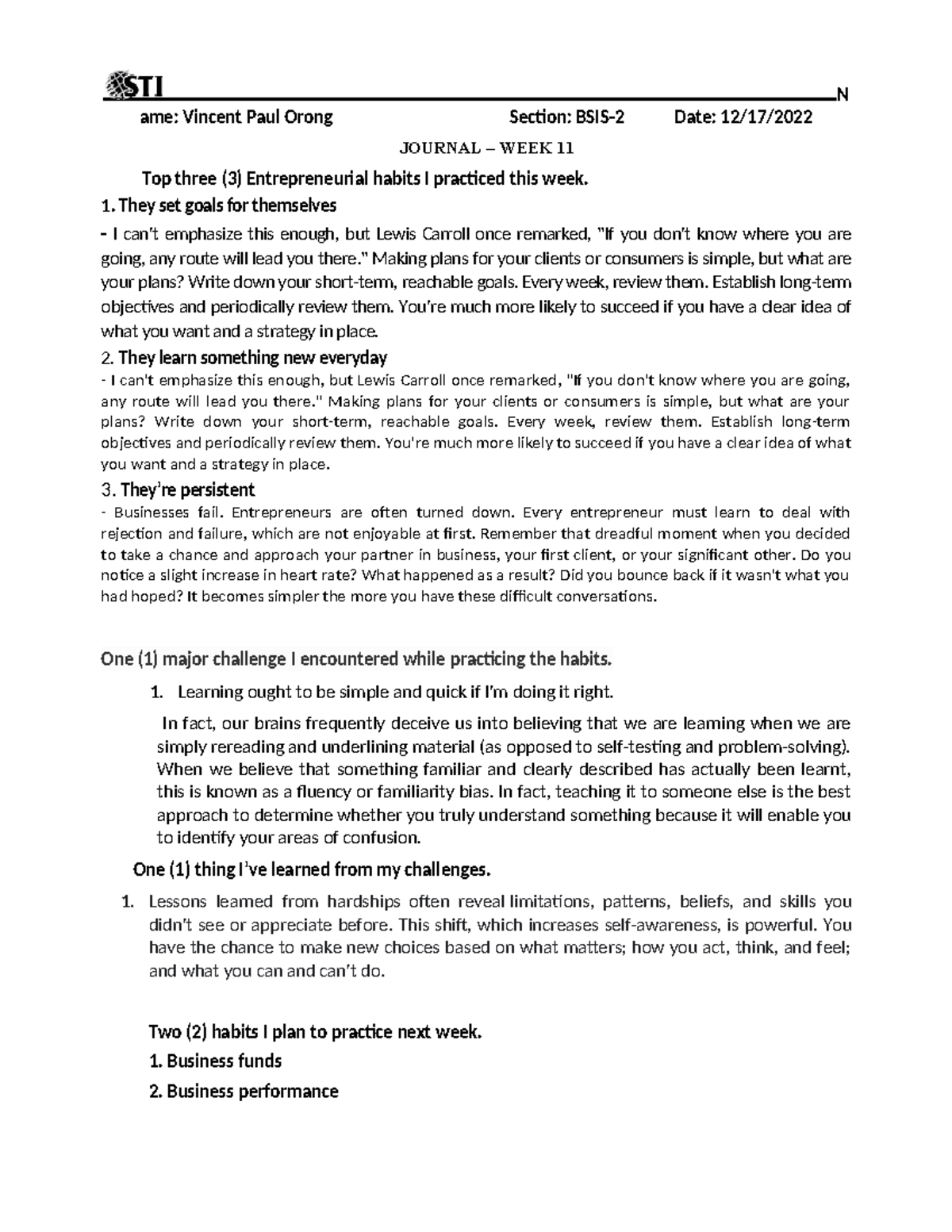 07 Journal 1 1V - ASSIGNMENTS - N ame: Vincent Paul Orong Section: BSIS ...