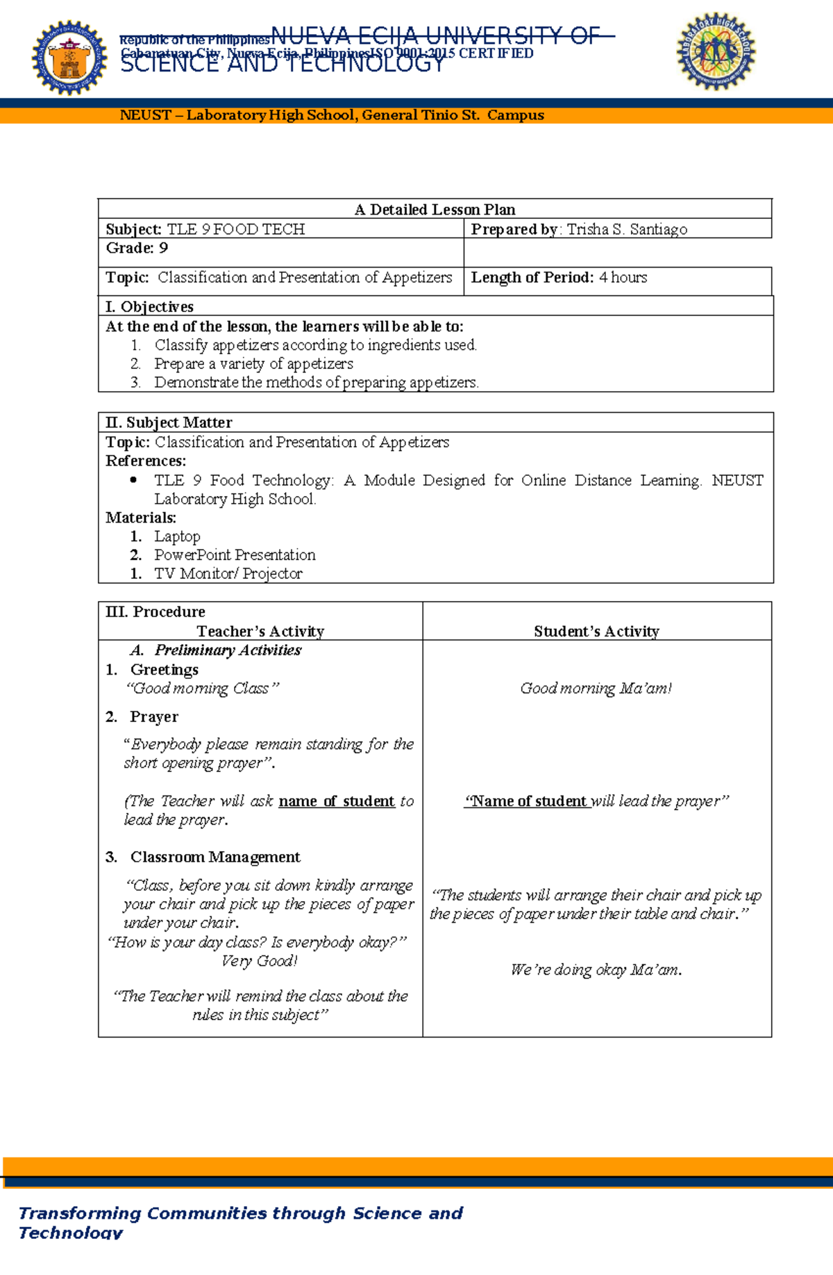 Lesson PLAN - Cabanatuan City, Nueva Ecija, PhilippinesISO 9001:2015 ...