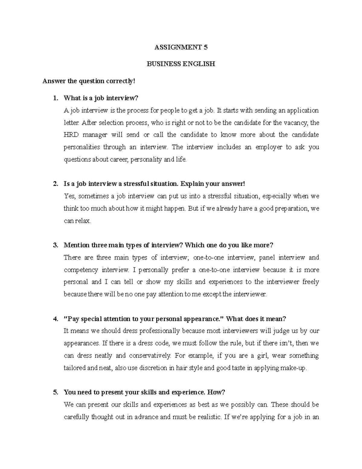 Job Interview ASSIGNMENT 5 BUSINESS ENGLISH Answer The Question