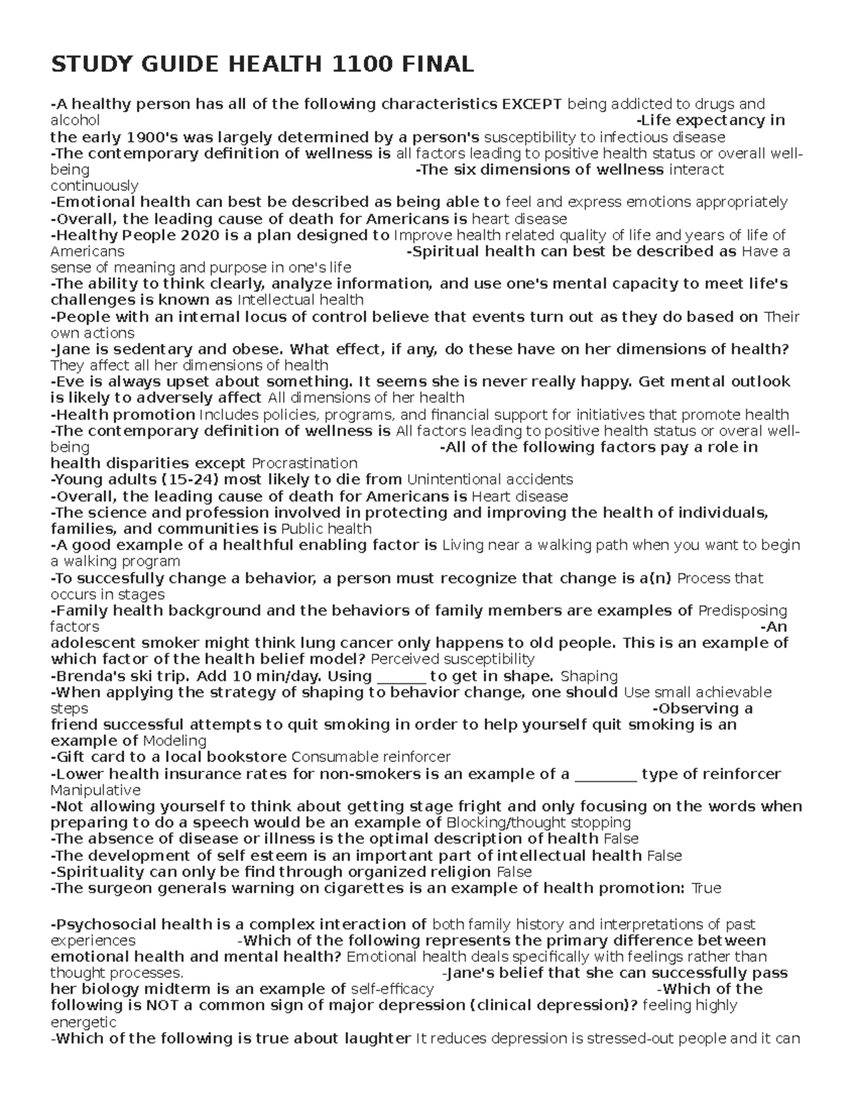 Study Guide Health 1100 Final - STUDY GUIDE HEALTH 1100 FINAL -A ...