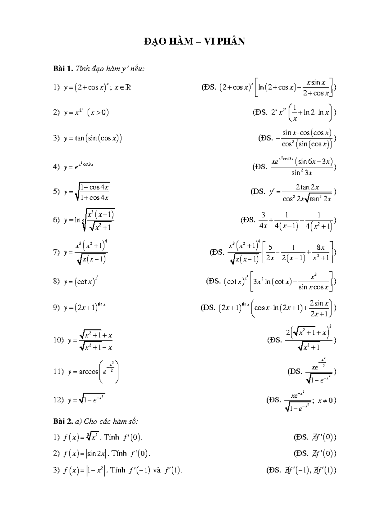 BT Dao Ham Vi Phan - thầy Tùng - ĐẠO HÀM – VI PHÂN Bài 1. Tính đạo hàm ...