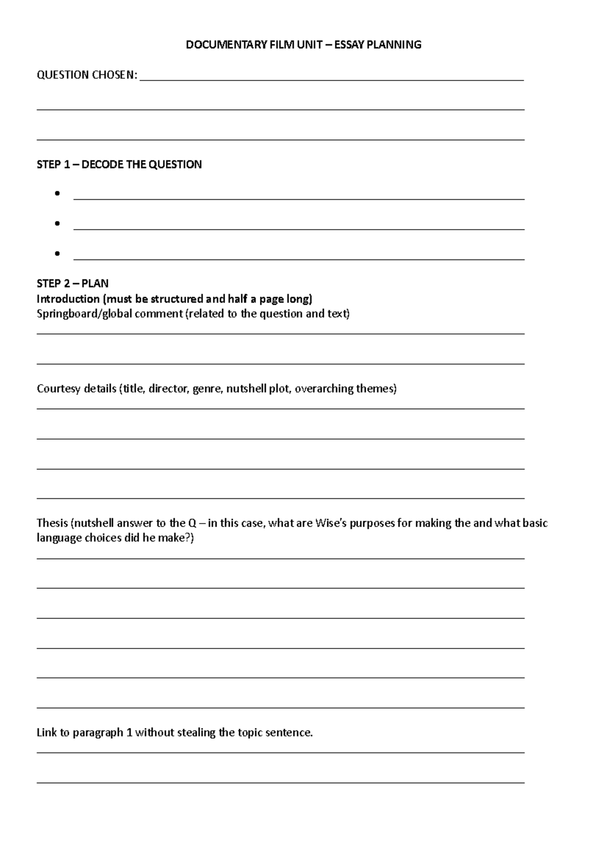 6. Essay Scaffold - Generic - DOCUMENTARY FILM UNIT – ESSAY PLANNING ...