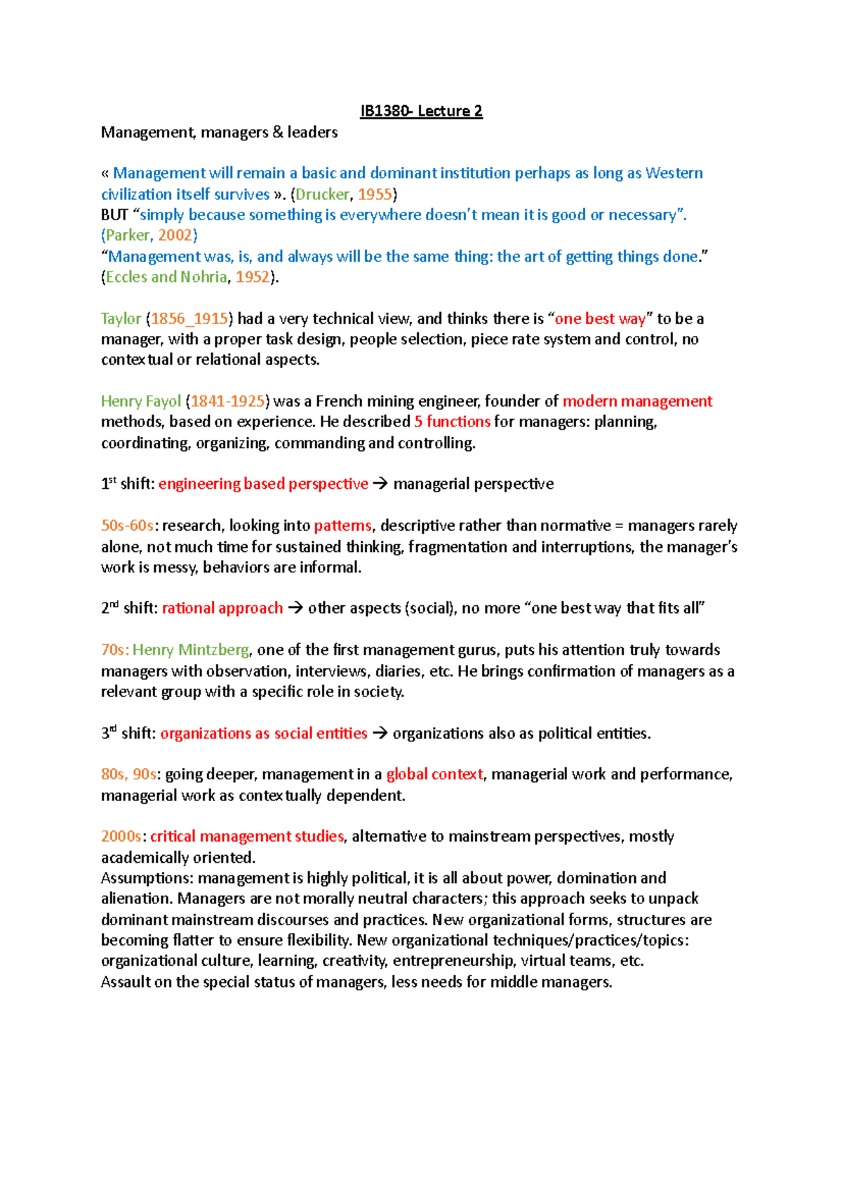 IB138 0-Lecture-2 - summary - IB1380- Lecture 2 Management, managers & leaders « Management will ...