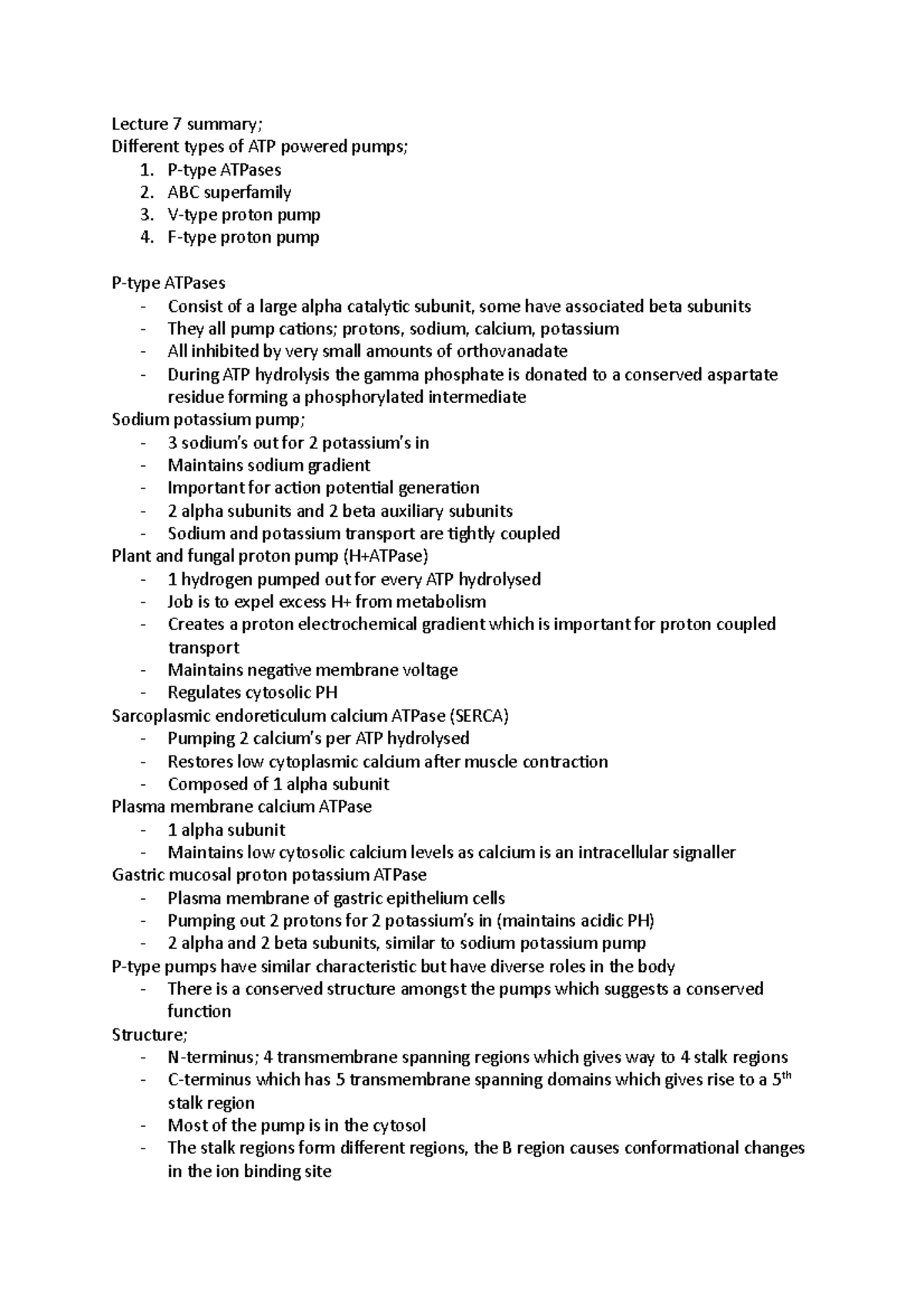 Lecture 7 summary - Lecture 7 summary; Different types of ATP powered ...