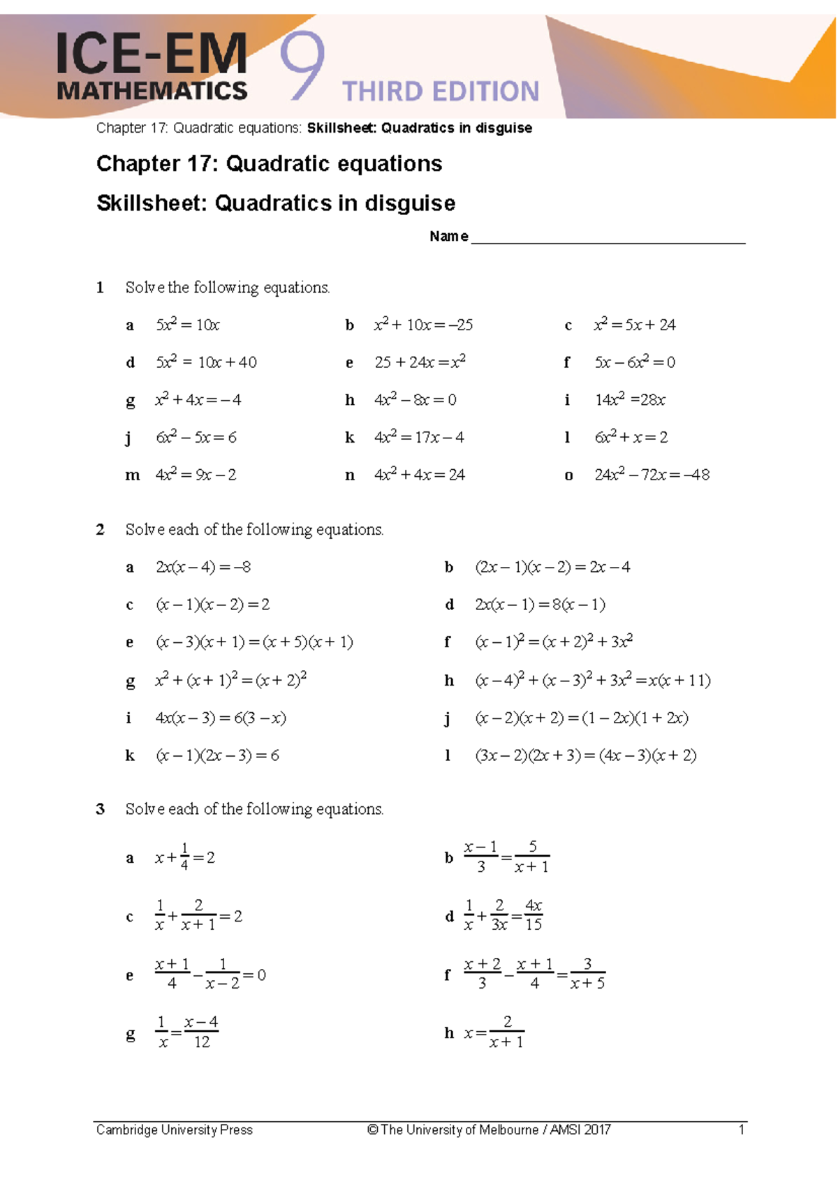 Chapter 17 Quadratics in disguise PDF - Chapter 17: Quadratic equations ...