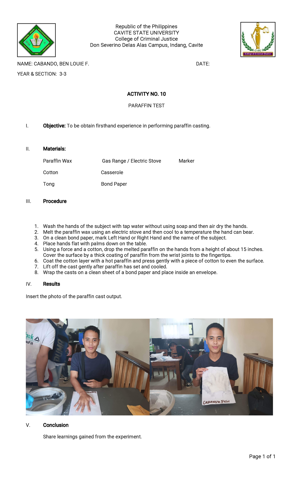 Cabando 3-3 Forsc-3B Lab Activity No. 10 Paraffin Testing - Republic of ...