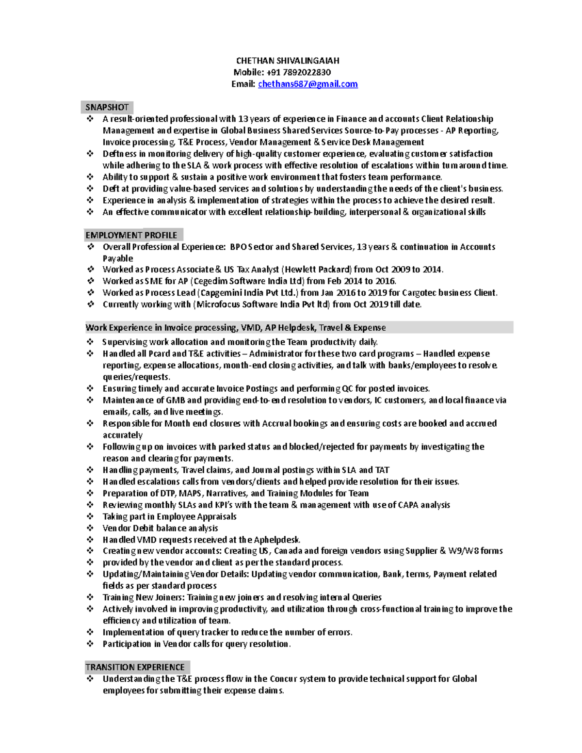 Chethan Updated Resume - CHETHAN SHIVALINGAIAH Mobile: +91 7892022830 ...