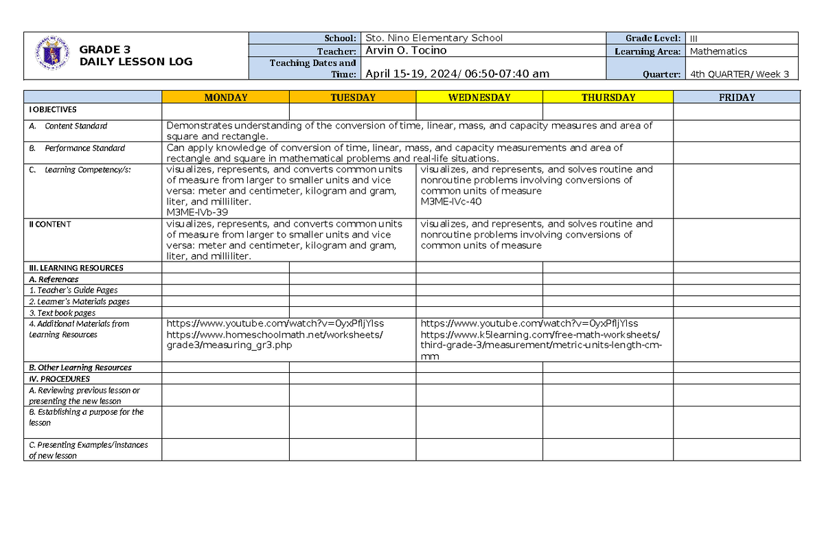 DLL Math 3 Q1 W1 - DLL for Math Quarter 3 - GRADE 3 DAILY LESSON LOG School: Sto. Nino ...