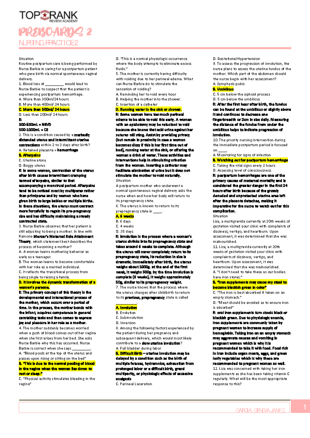 Preboard 2 NP2 Ratio - TOPRANK REVIEWER - NURSING PRACTICE 2 Situation ...