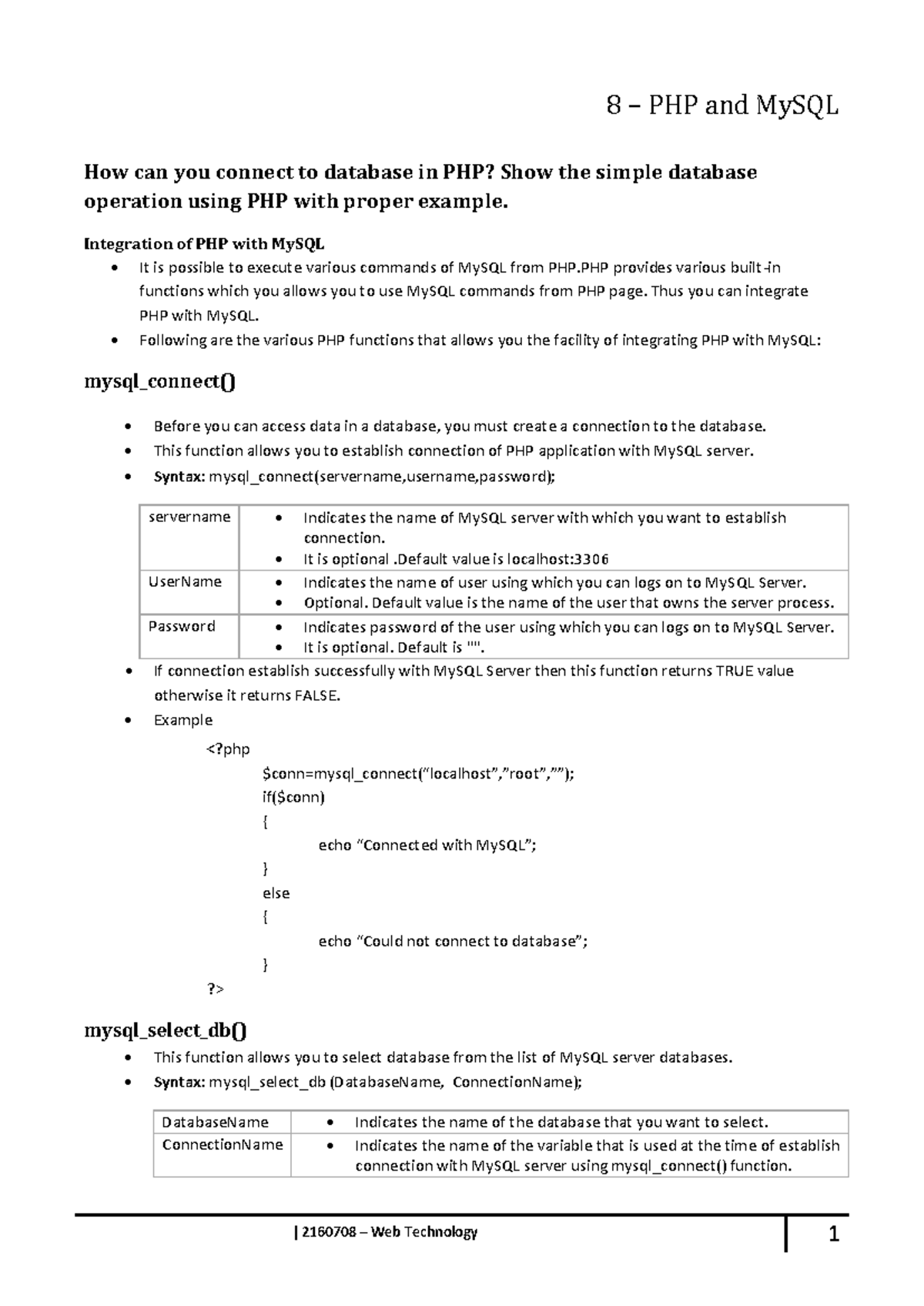 2160708 Web Technology Notes Pdf Unit 8 How Can You Connect To Database In Php Show The