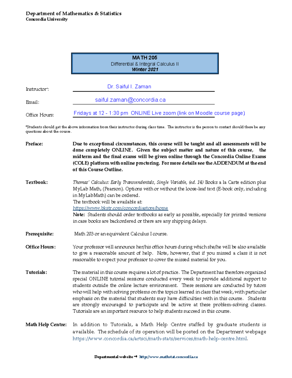 Complete MATH 205 Syllabus (Winter 2021) - Departmental website ...