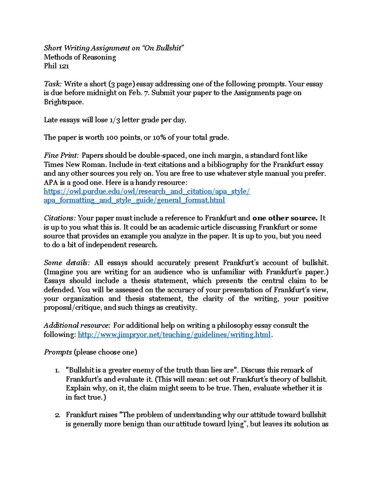 Frankfurt Assignment - instructions - Short Writing Assignment on “On ...