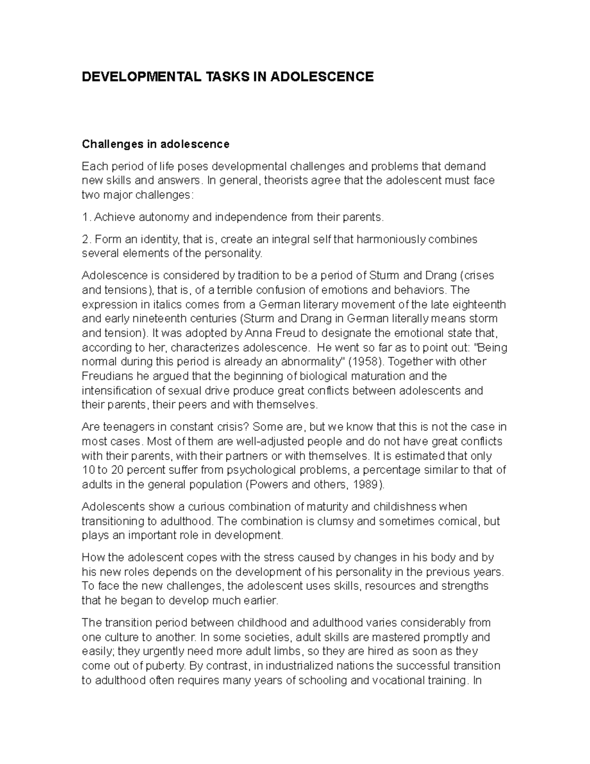 Developmental tasks in adolescence - DEVELOPMENTAL TASKS IN ADOLESCENCE Challenges in ...