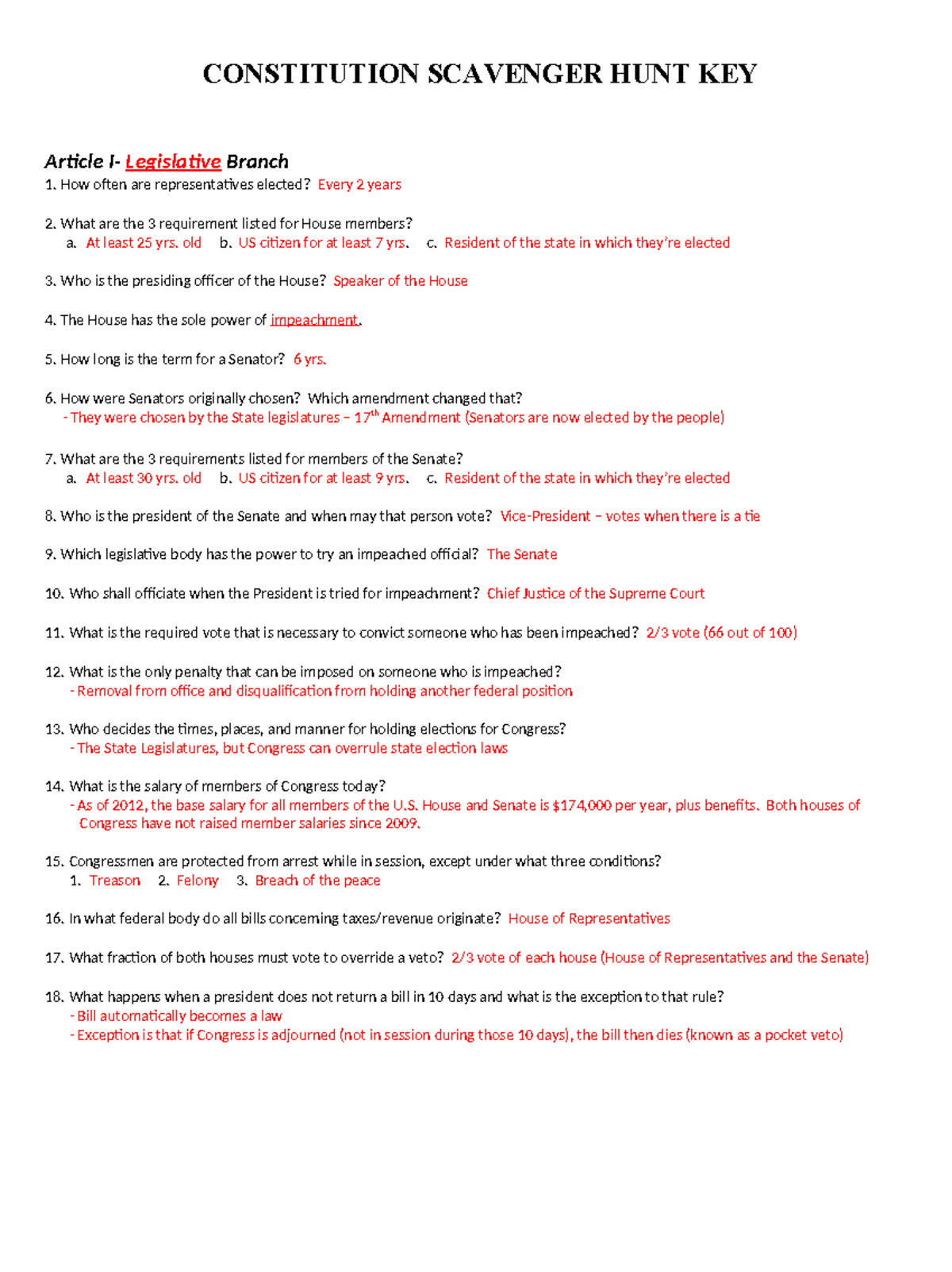 Constitution scavenger hunt key - Article I- Legislative Branch 1. How ...