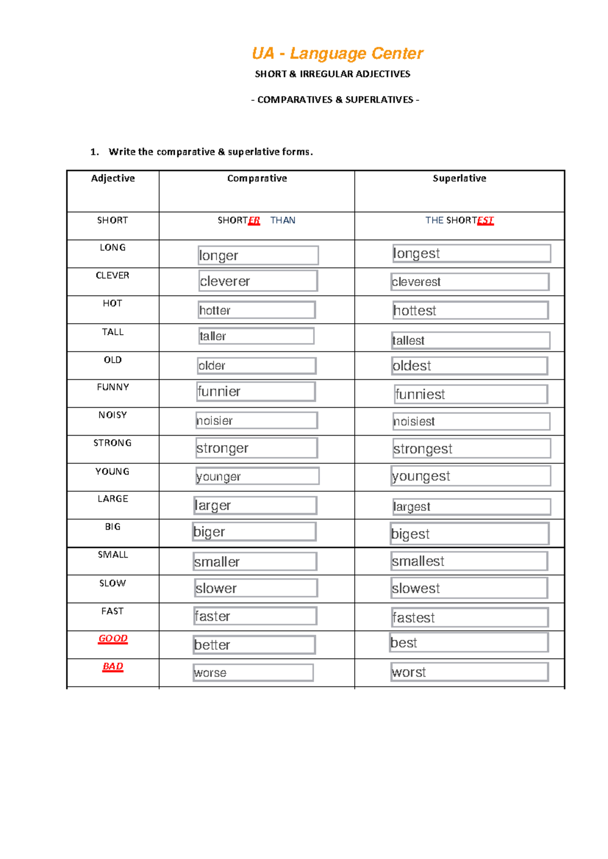 S10 English - SHORT & IRREGULAR ADJECTIVES - COMPARATIVES ...