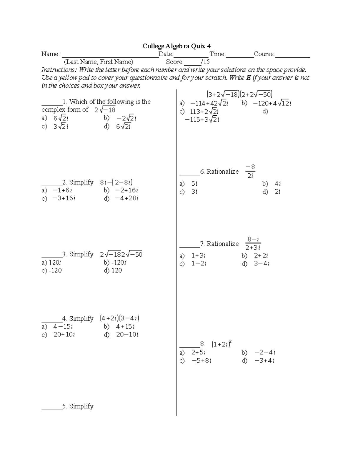 CA quiz 4 - College Algebra - College Algebra Quiz 4 Name ...