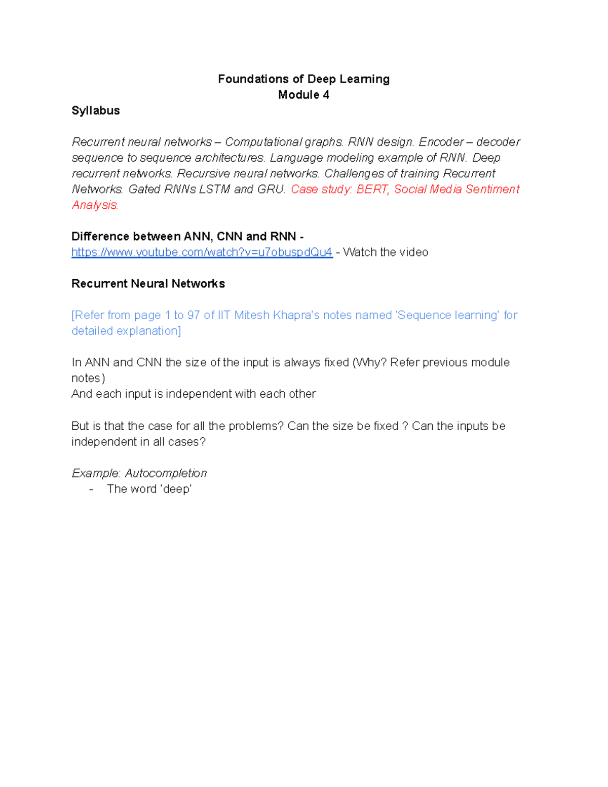 DL Module 4 - Foundations of Deep Learning Module 4 Syllabus Recurrent neural networks – - Studocu