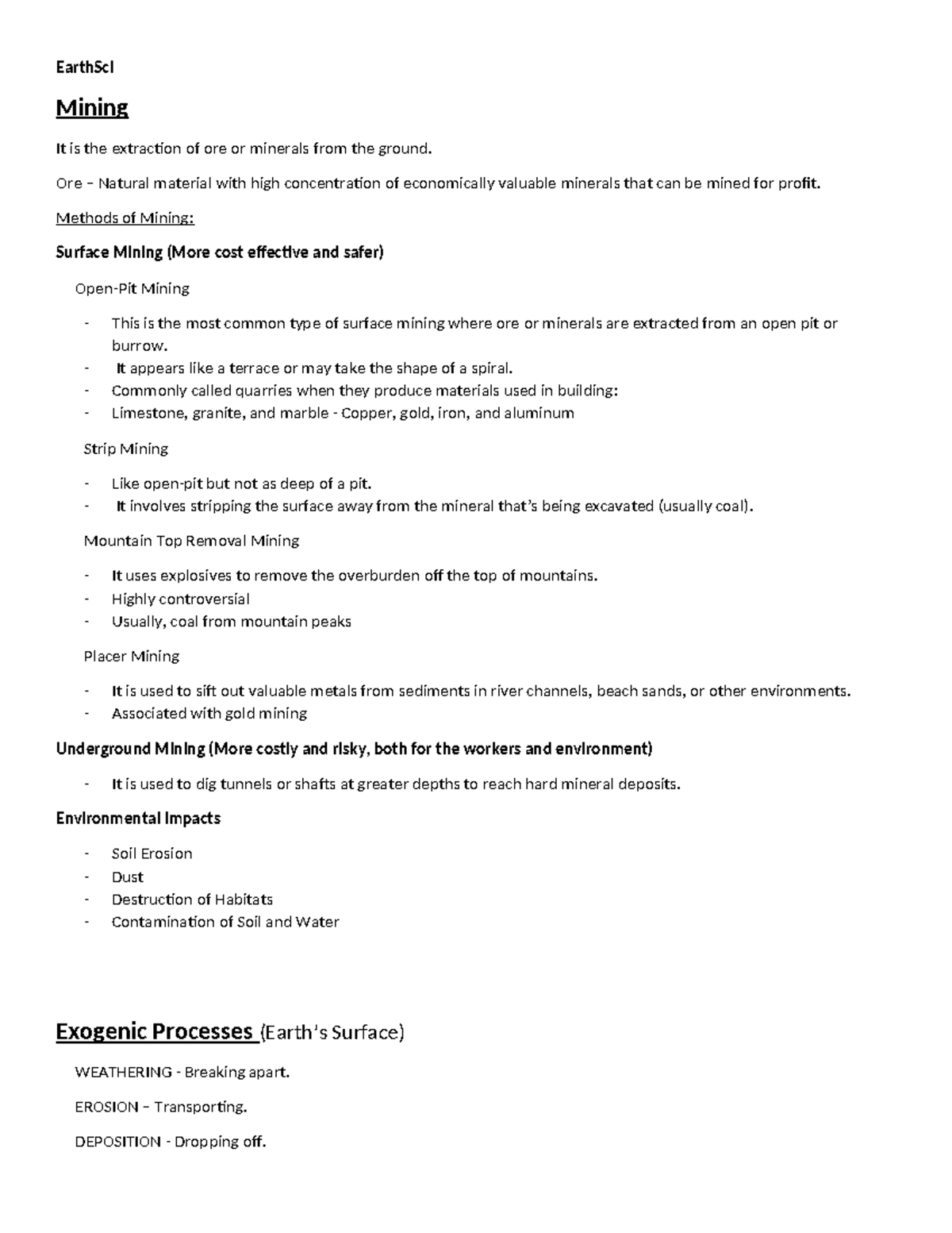 Earth Sci-2 - EarthSci Mining It is the extraction of ore or minerals ...