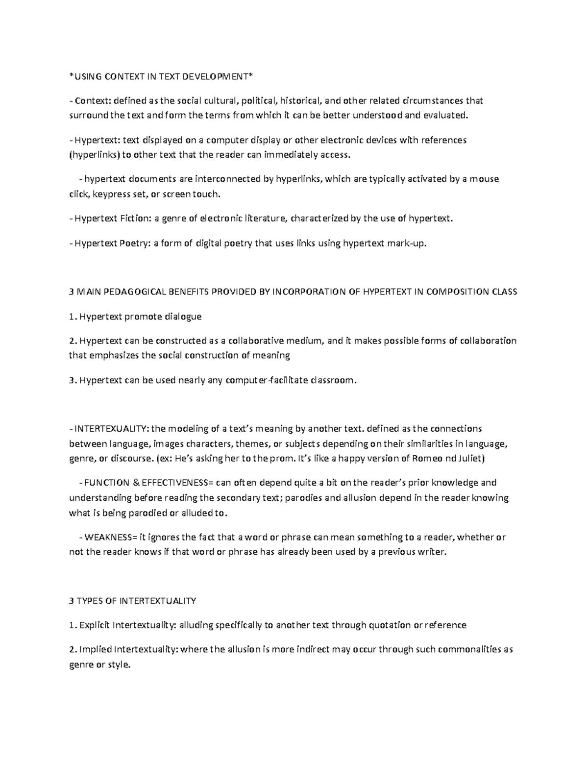 Using Context IN TEXT Development - USING CONTEXT IN TEXT DEVELOPMENT Context: defined as the ...