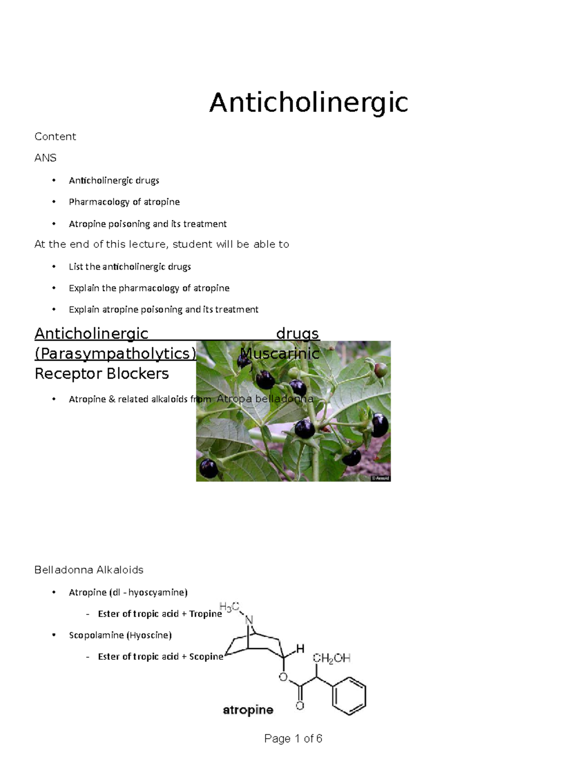Chapter - 4 ANS - Anticholinergic - Anticholinergic Content ANS ...