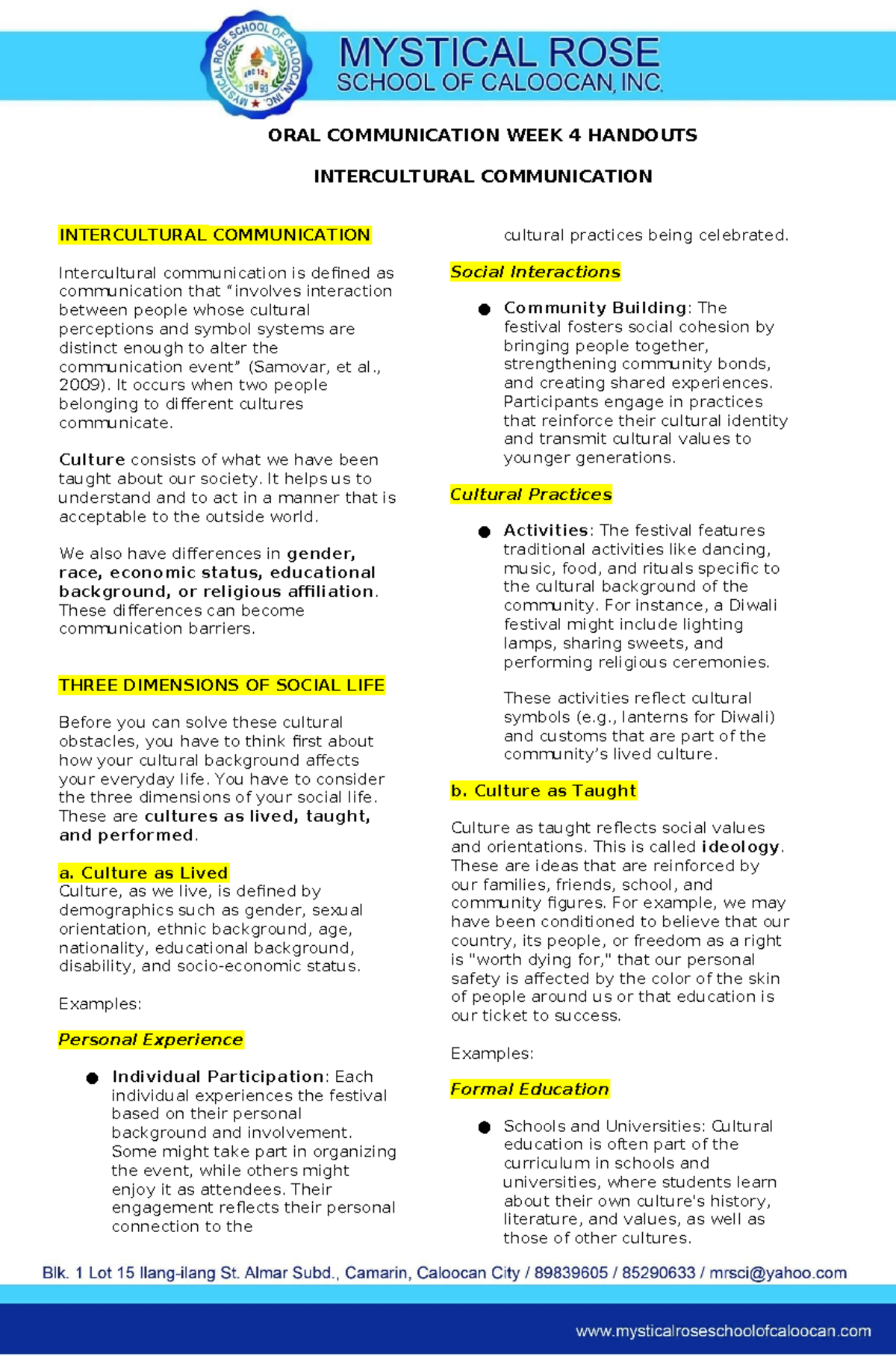 ORAL Communication Handouts - WEEK 4 Lesson - INTERCULTURAL ...