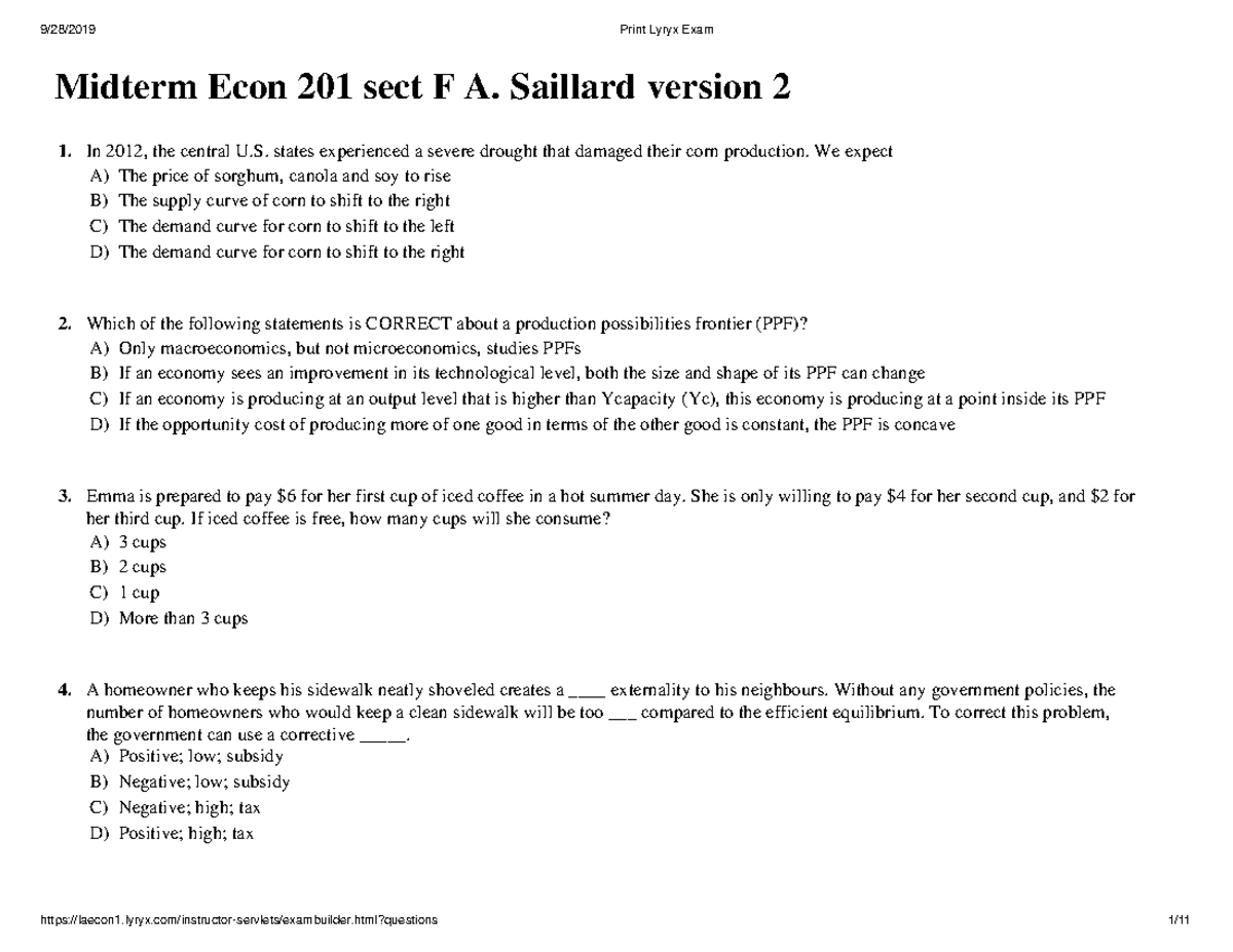 Exam 2019, questions - Midterm Econ 201 sect F A. Saillard version 2 In 2012, the central U ...
