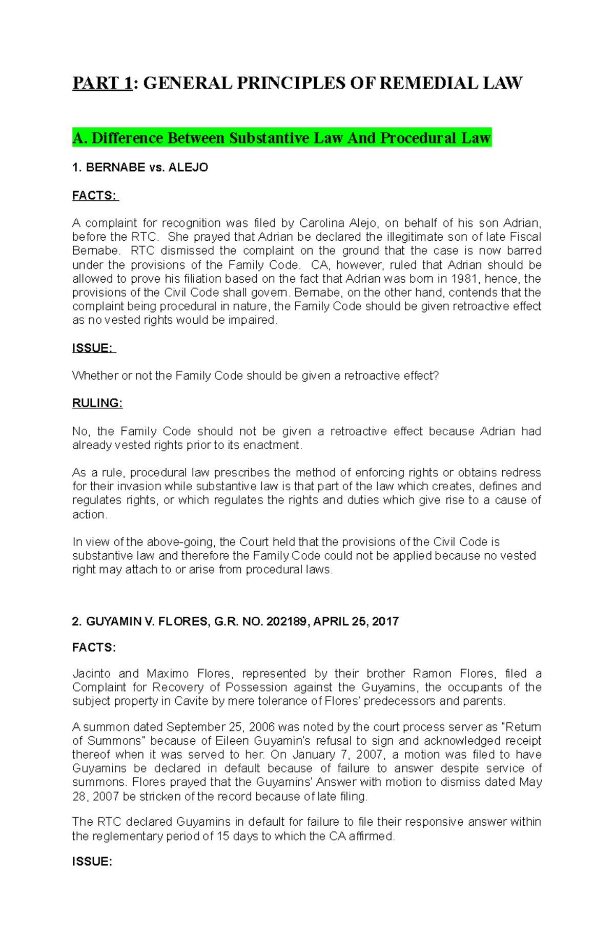 Cases Part 1 Civil Procedure Part 1 General Principles Of Remedial Law A Difference