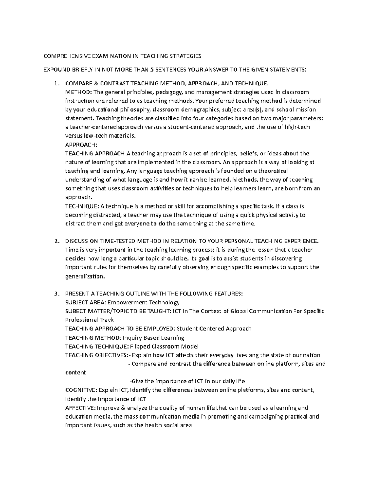 Comprehensive Examination IN Teaching Strategies - COMPREHENSIVE ...