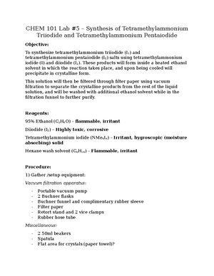 CHEM 102 Lab 5 Prep Doc - CHEM 101 Lab #5 – Distillation of Water from ...