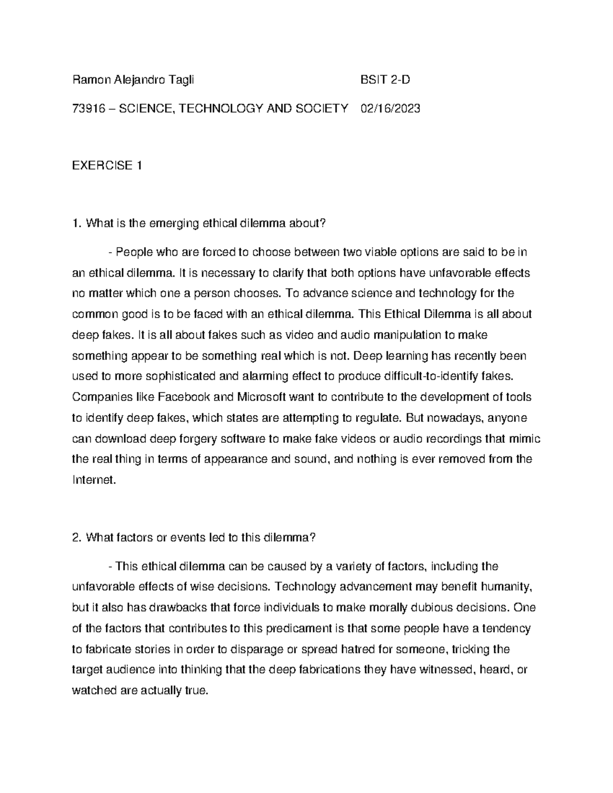 Ethical Dilemmas Tagli - Ramon Alejandro Tagli BSIT 2-D 73916 – SCIENCE ...