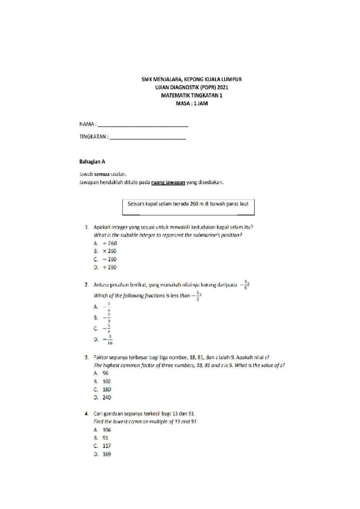 Soalan latih tubi math tingkatan 1 - SMK MENJALARA, KEPONG KUALA LUMPUR ...