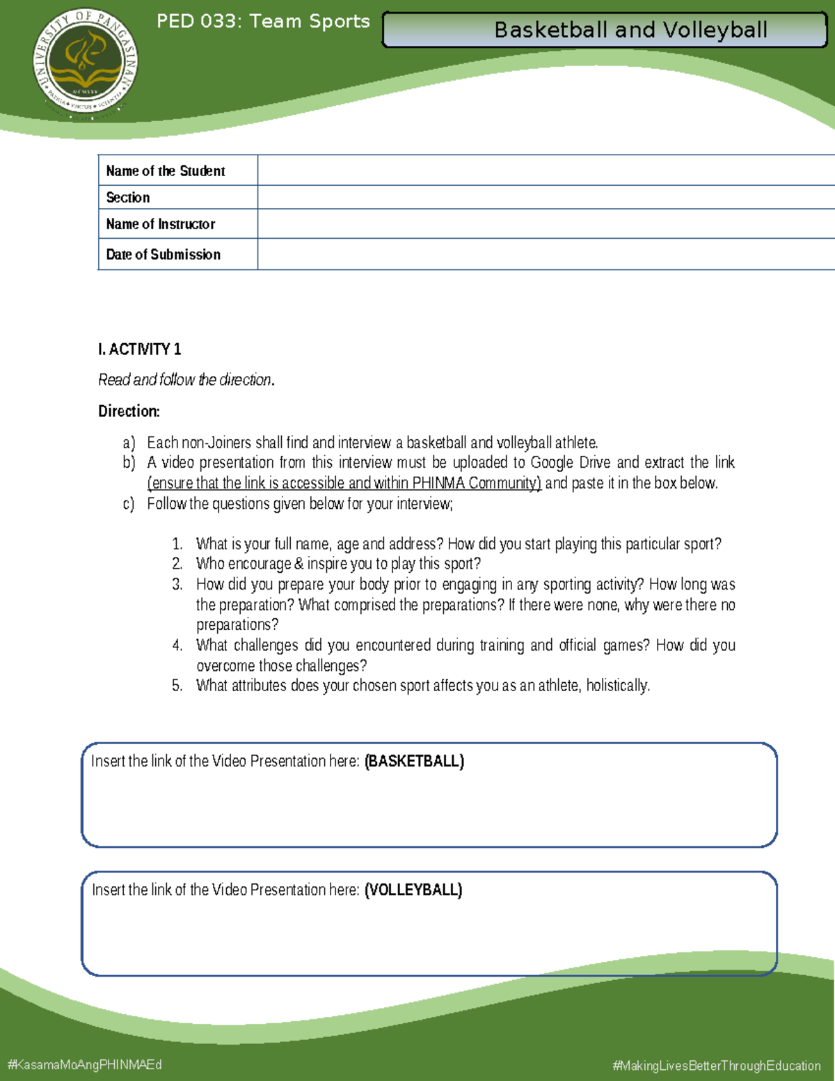 Non Joiners 1 1 - PEd - Basketball and Volleyball Name of the Student ...