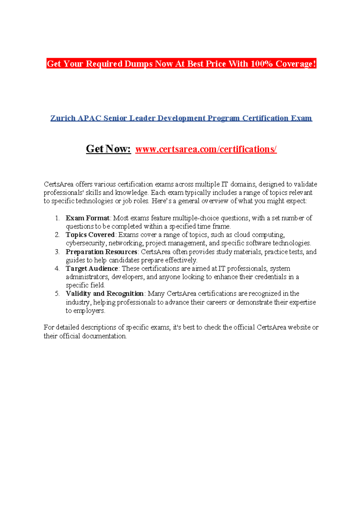 Zurich APAC Senior Leader Development Program Certification Exam - Each ...