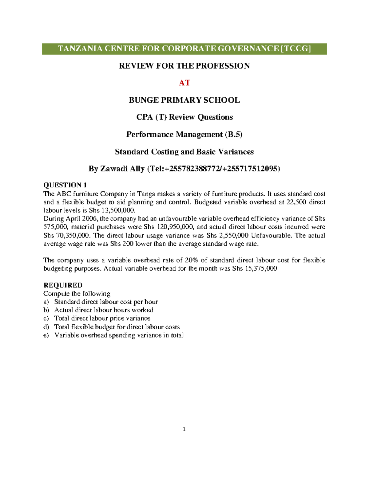 Questions Variance Analysis - TANZANIA CENTRE FOR CORPORATE GOVERNANCE ...