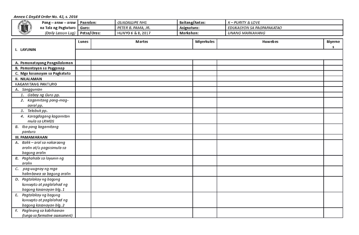 Week 1 - Lesson - Annex C DepEd Order No. 42, s. 2016 Pang – araw ...