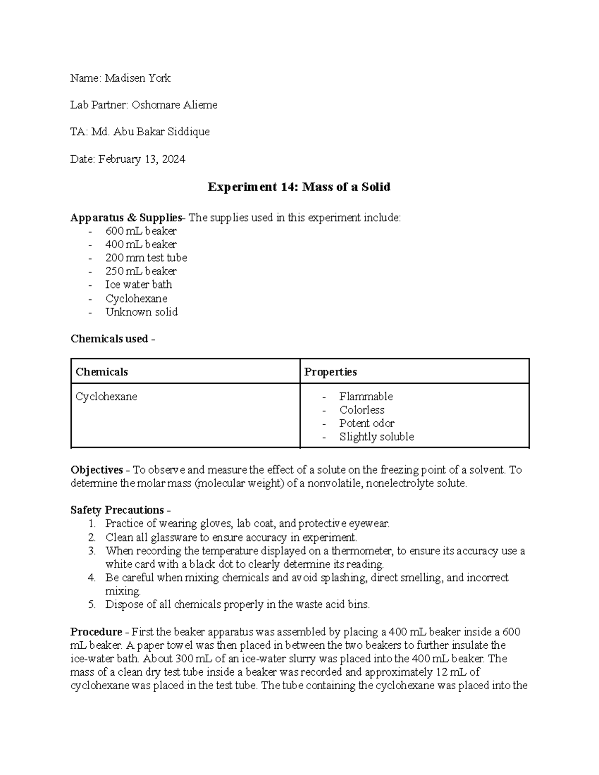 Experiment 14 Mass of a solid - Name: Madisen York Lab Partner ...