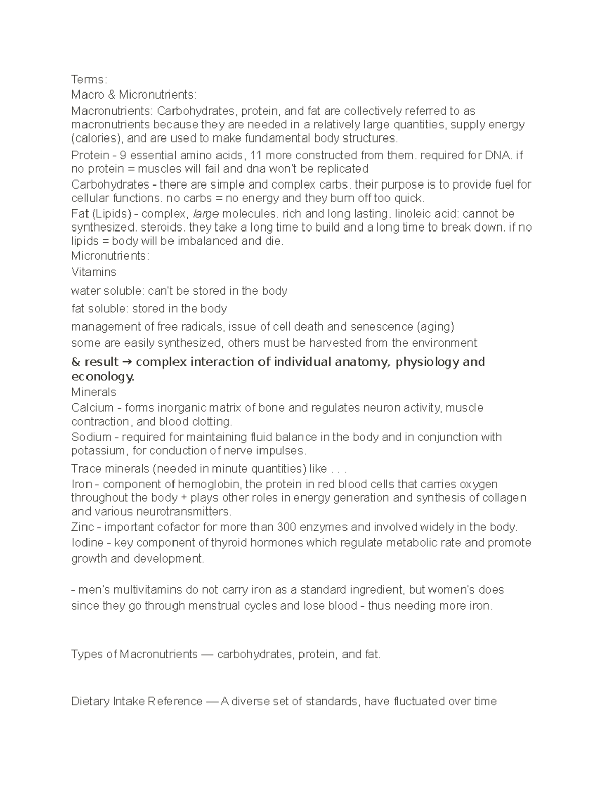 Biomed notes 5 - aronsen - Terms: Macro & Micronutrients ...