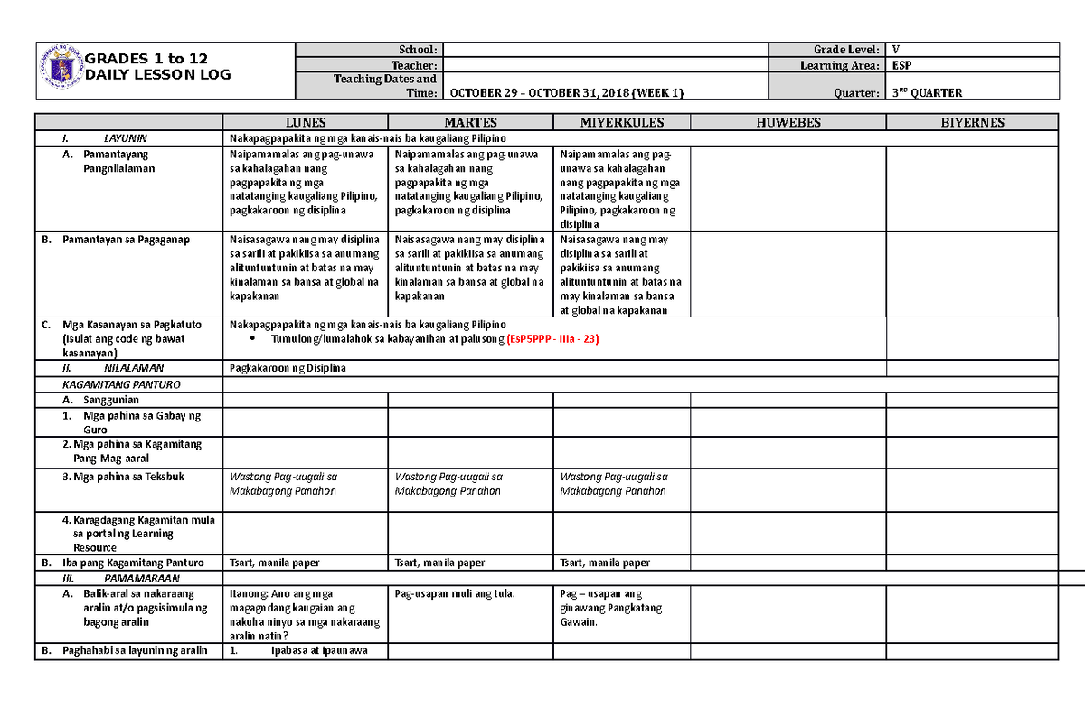 DLL ESP 5 Q3 W1 - grade 5 - GRADES 1 to 12 DAILY LESSON LOG School ...