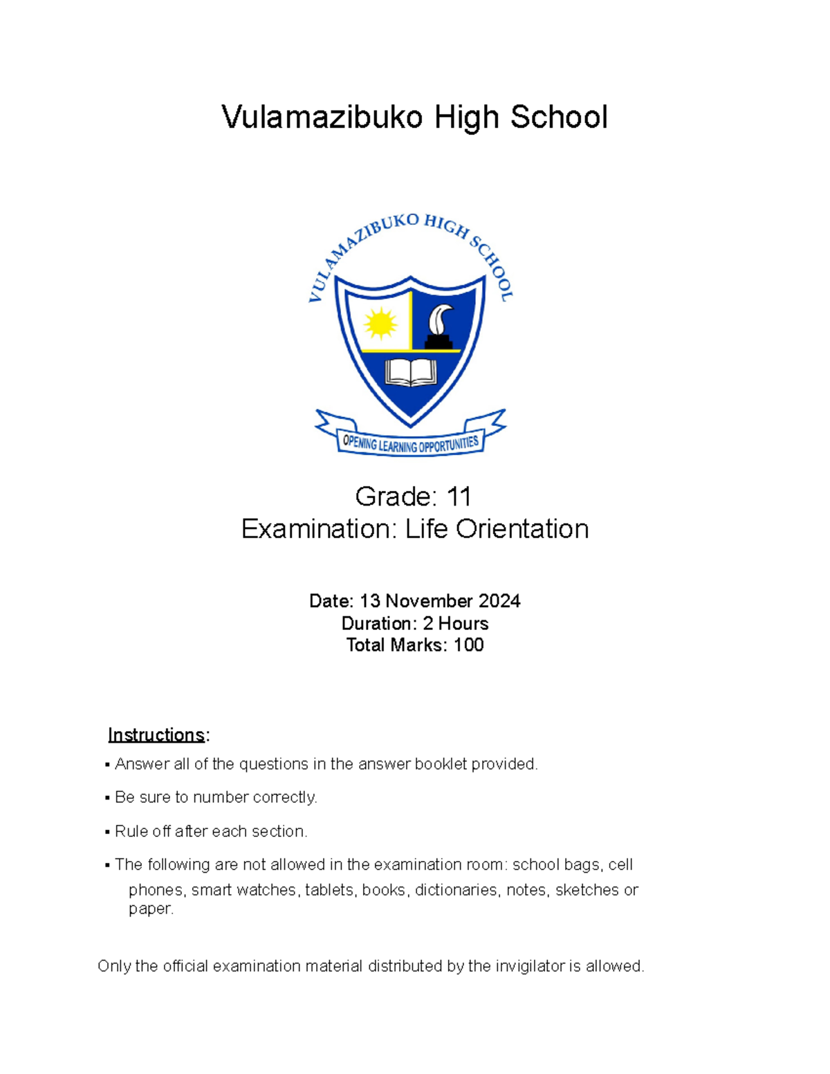 Grade 11 lo nov - mock paper - Vulamazibuko High School Grade: 11 ...