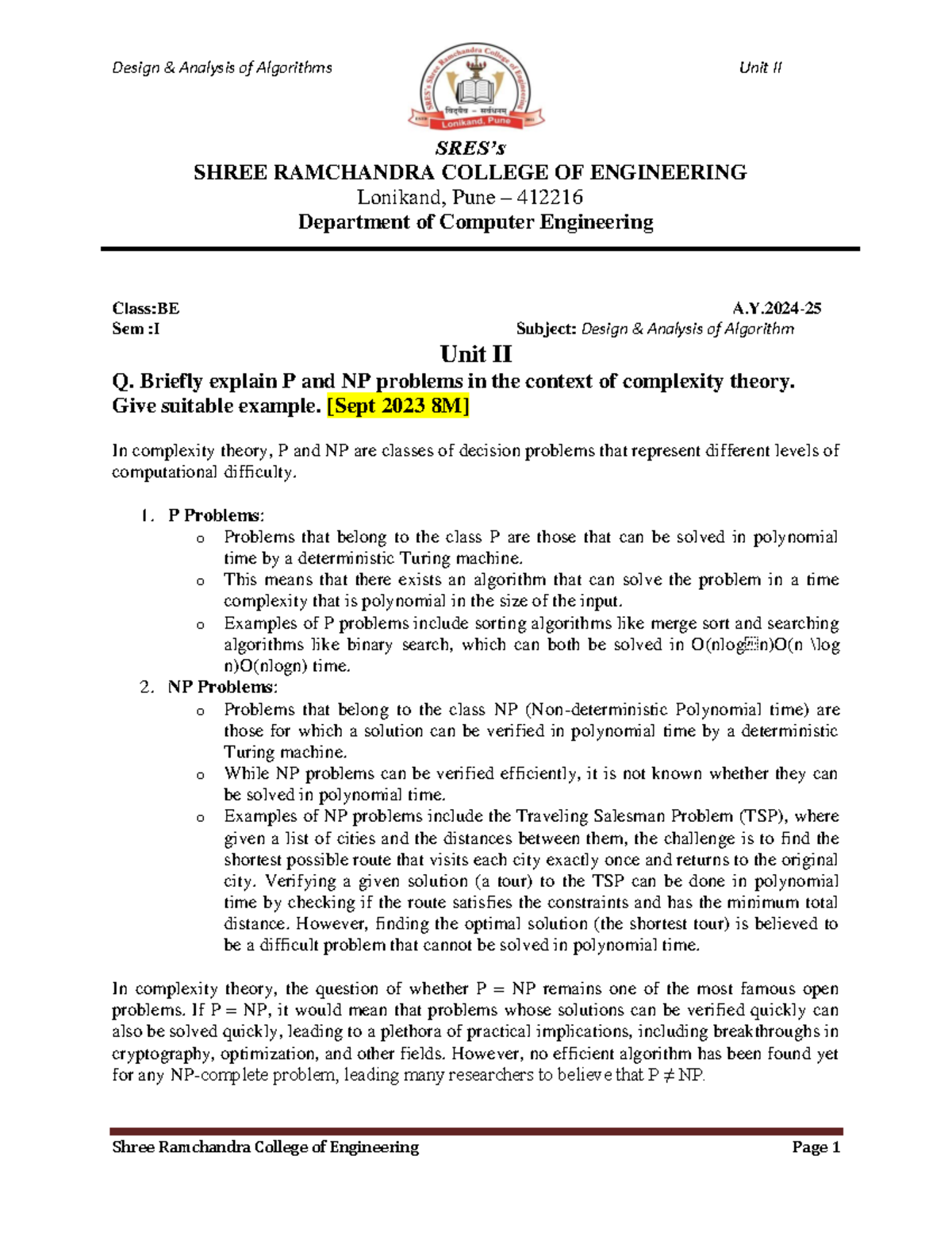 Daa Unit Ii Analysis Of Algorithms And Complex Theory Classbe Ay 25 Sem I Subject