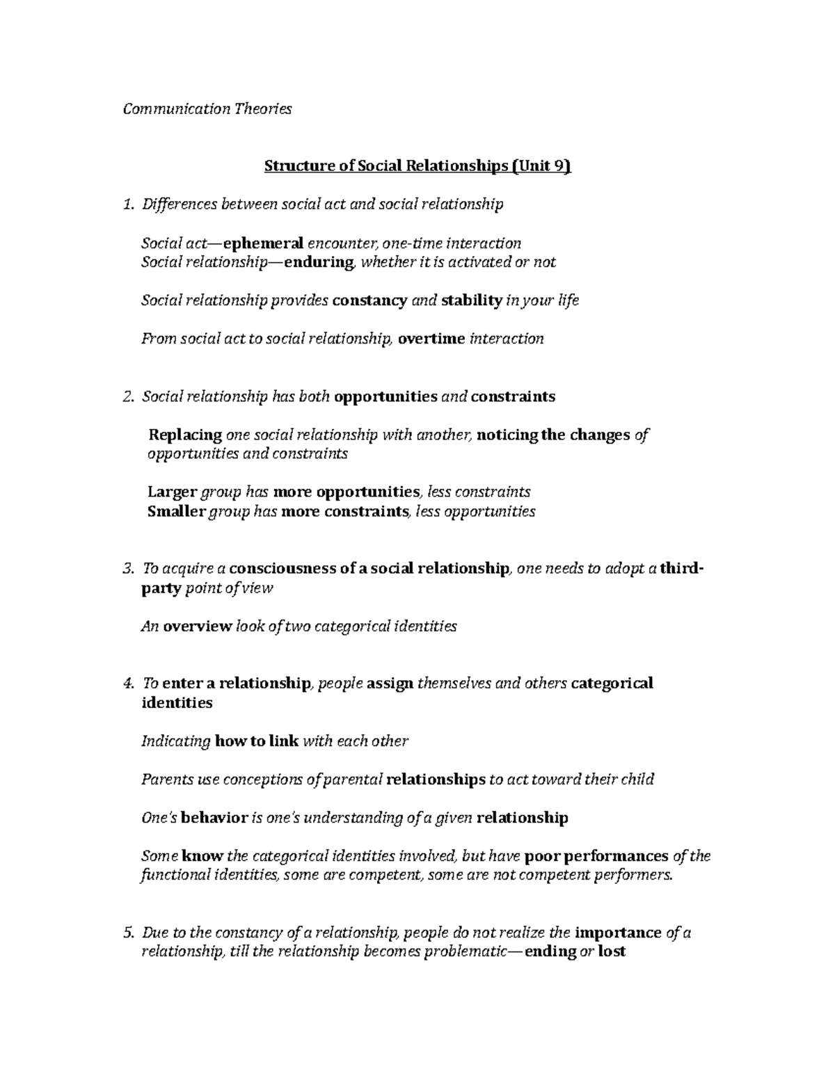 Unit 9 Structure of Relationships - Communication Theories Structure of ...