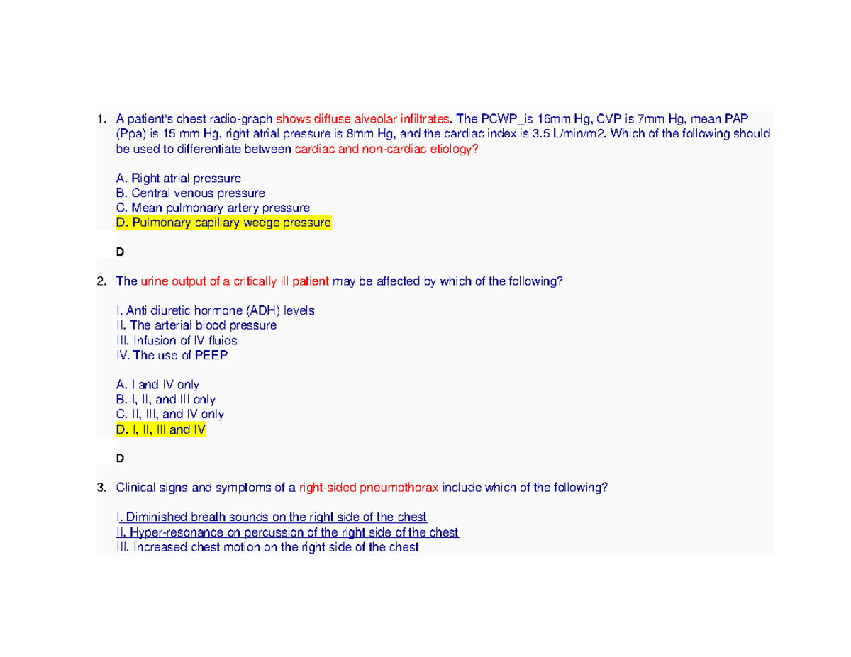 RRT exam examples part 1 - A patient's chest radio-graph shows diffuse ...