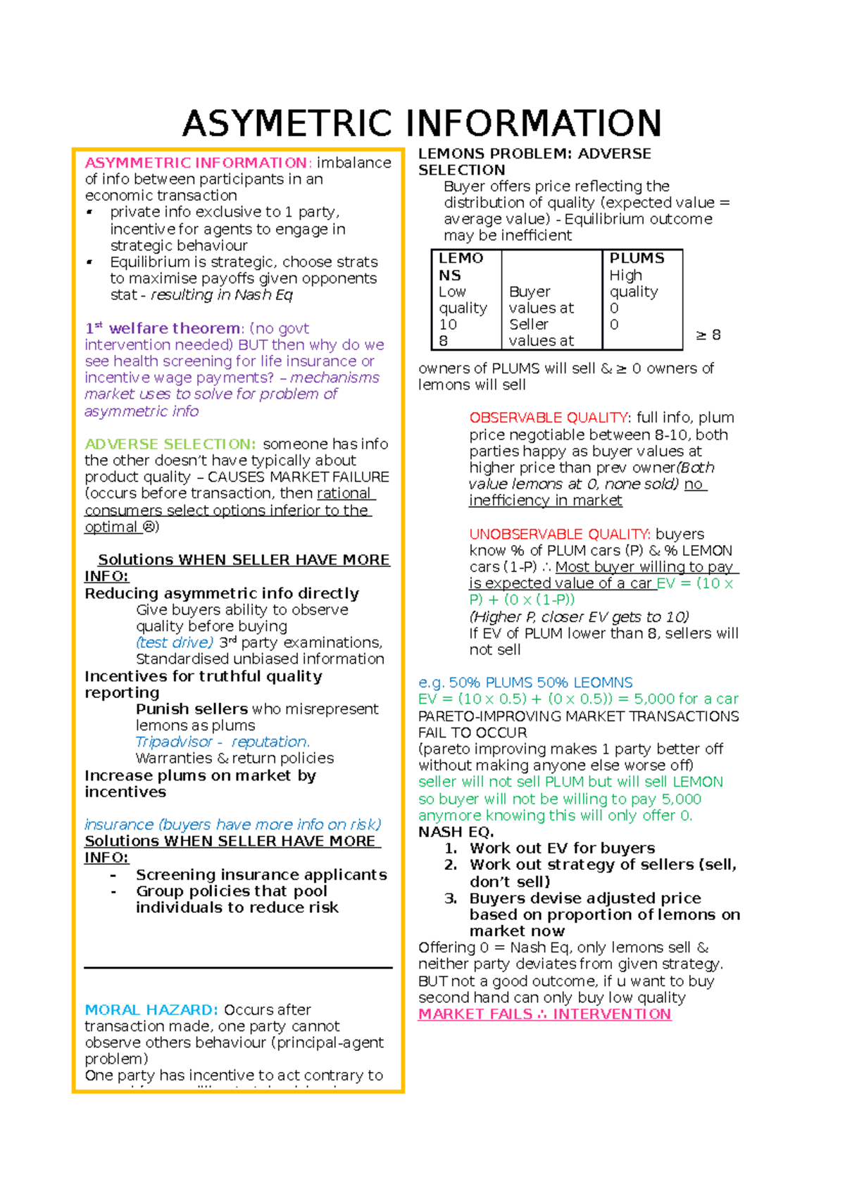 Asymmetric Information Lecture Notes - ASYMETRIC INFORMATION ASYMMETRIC ...