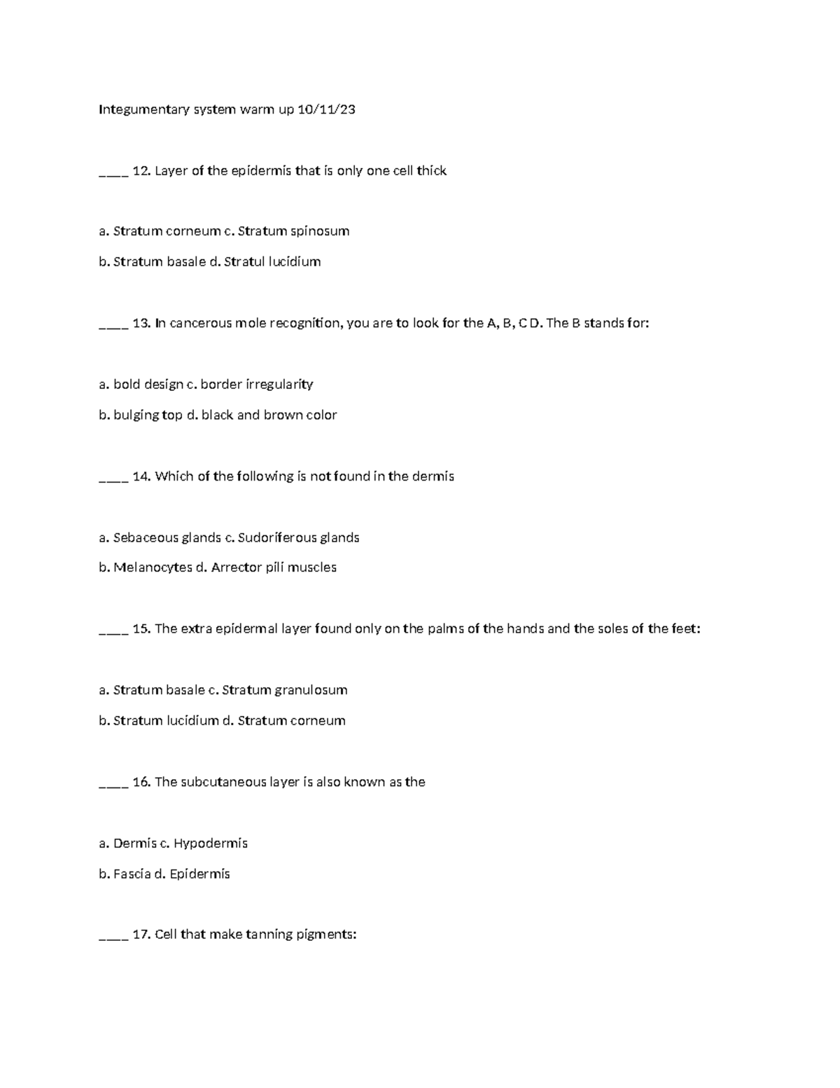 Integumentary system warm up 10-11-23 - Integumentary system warm up 10 ...