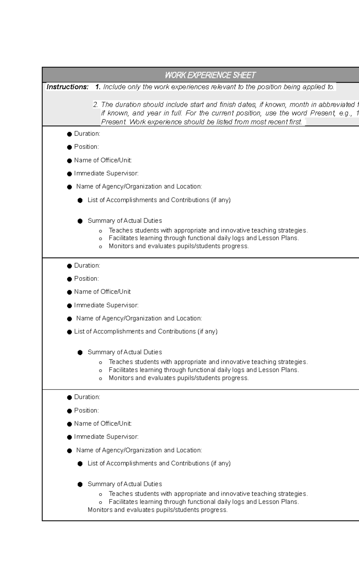 Workheet Experience N a WORK EXPERIENCE SHEET Instructions 1 workheet-experience-n-a-work-experience-sheet-instructions-1